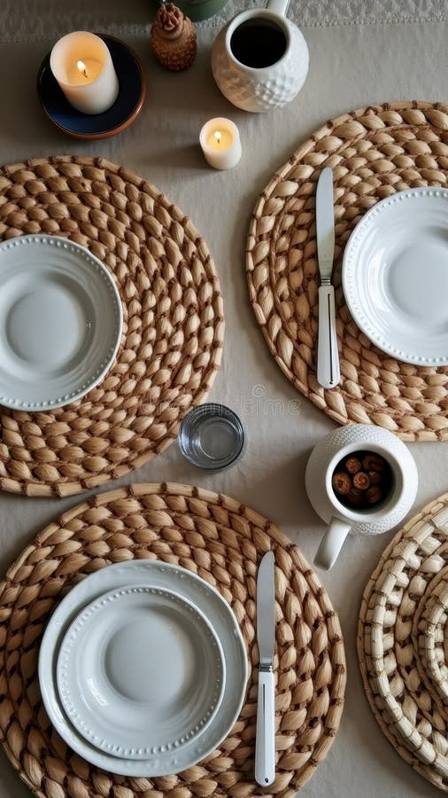 Elegant Dining Table Setting with Woven Placemats and White Dishes ...