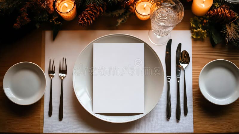 Elegant Dining Table Setup with Candles, Plates, Forks, and a Blank ...