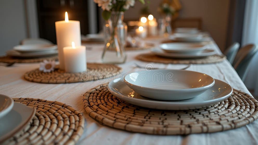 Elegant Dining Table Setup with Candles and White Dinnerware on Woven ...