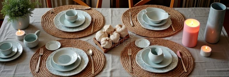 Elegant Dining Table Setup with Candles and Woven Mats for a Cozy Meal ...