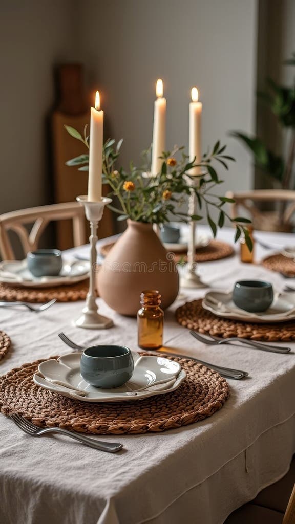 Elegant Dining Table Setup with Candles and Woven Placemats Stock Image ...