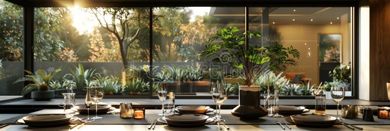 Elegant Dining Table Setup with Glassware and Plants, Overlooking a ...