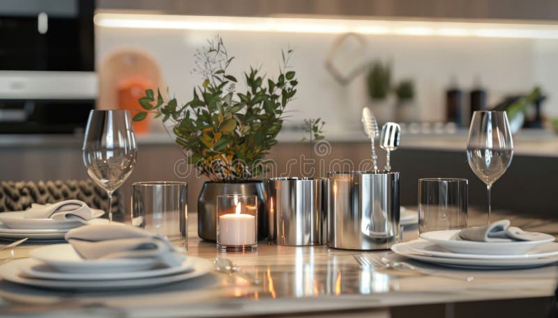 Elegant Dining Table Setup with Greenery and Candlelight in a Modern ...