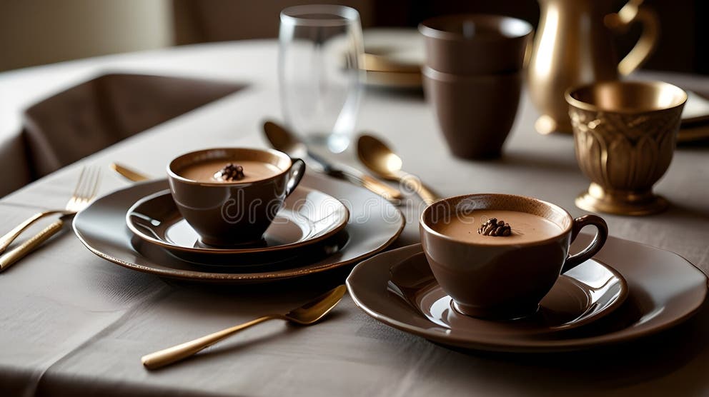 Elegant Dining Table Setup with Mocha Mousse-themed Tableware Stock ...