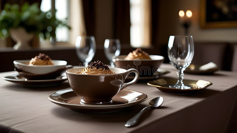 Elegant Dining Table Setup with Mocha Mousse-themed Tableware Stock ...