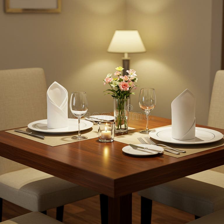 Elegant Dining Table Setup for Two, Featuring White Plates with Neatly ...