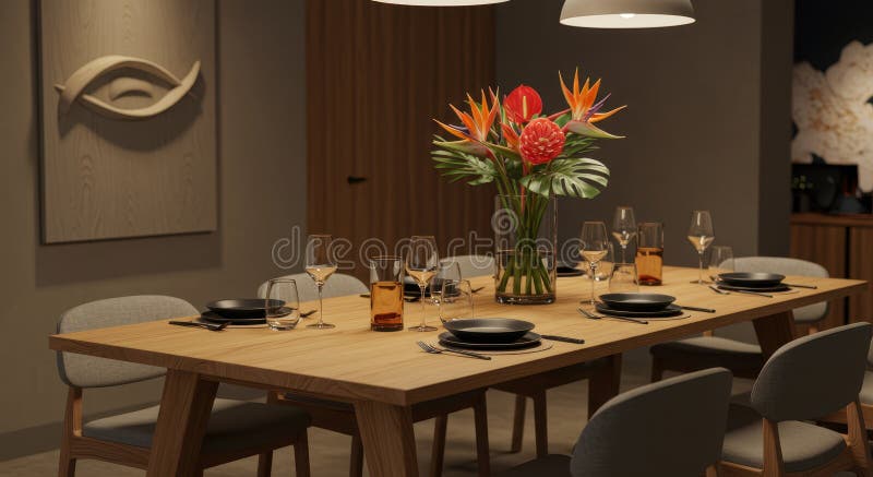 Elegant Dining Table Setup with Vibrant Floral Centerpiece and Modern ...
