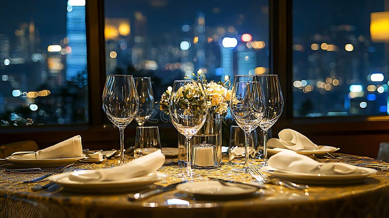 Elegant Dining Table Setup with Views of City Lights at Night Stock ...