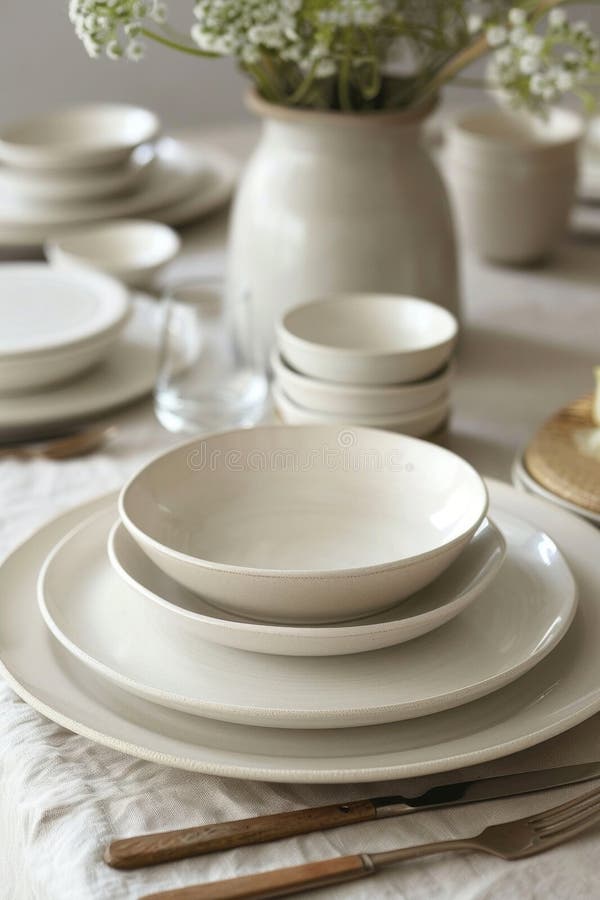 Elegant Dining Table Setup with White Ceramic Dishes and Fresh Flowers ...