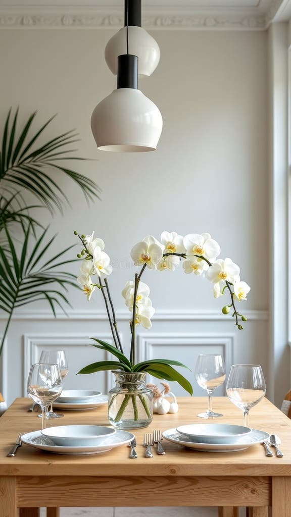 Elegant Dining Table Setup with White Orchid and Modern Lighting in ...
