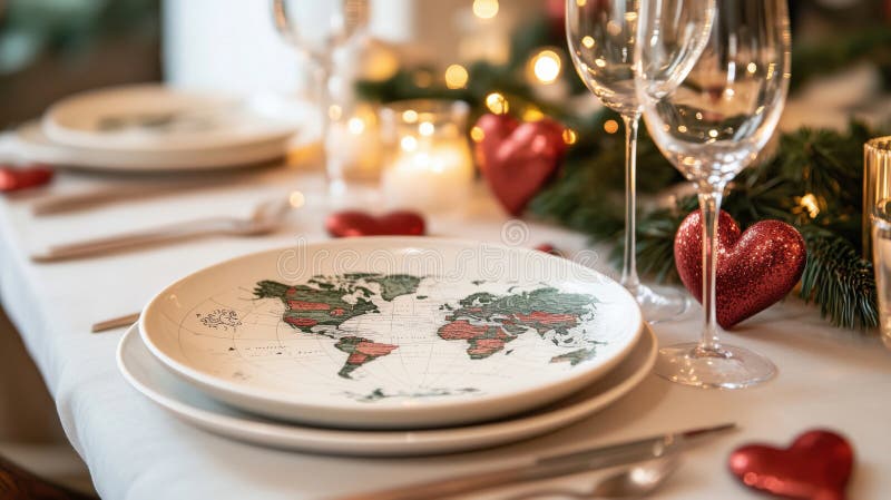 Elegant Dining Table with World Map Plates, Romantic Decor, Candles ...