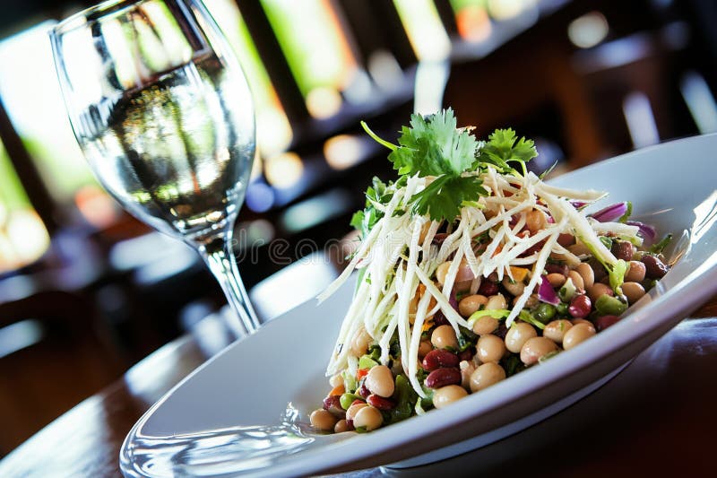 Elegant Dining: Wine and Gourmet Bean Salad in Modern Restaurant ...