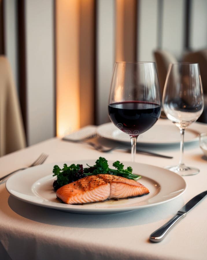 Elegant Dinner with Salmon and Red Wine in Restaurant. Stock Photo ...