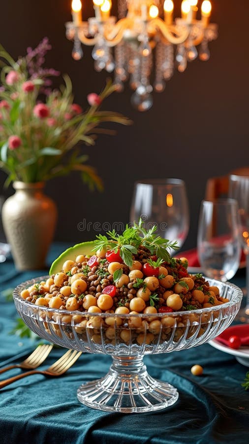 Elegant Dinner Setting with Chickpea Salad in Crystal Bowl and Floral ...