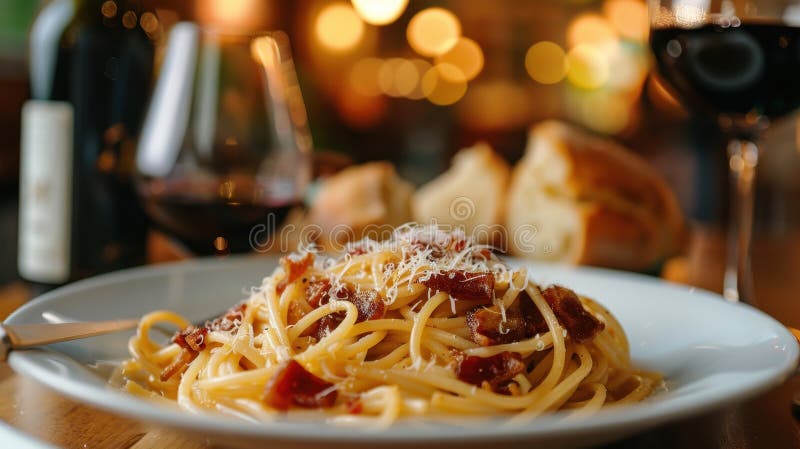 Elegant Dinner Setting Featuring a Delicious Plate of Pasta with Wine ...