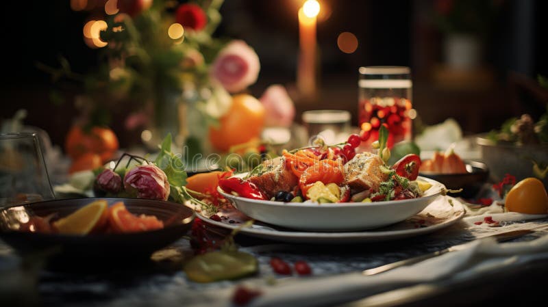 Elegant Dinner Setting with Gourmet Salad and Ambient Lighting Stock ...