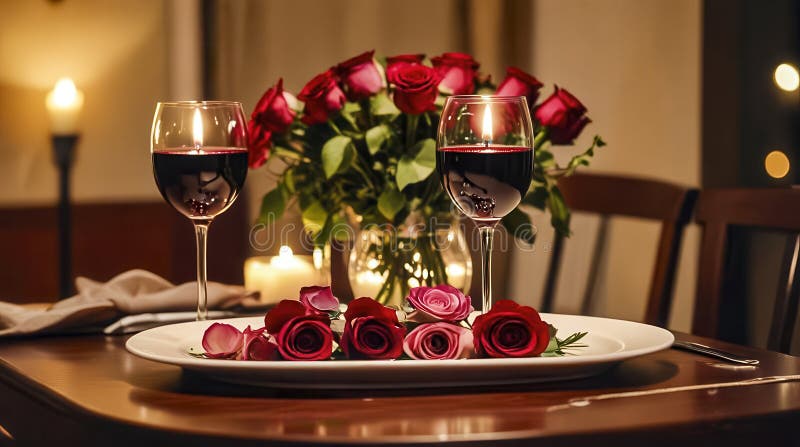 Elegant Dinner Setting with Red Roses and Wine for a Romantic Evening Stock Illustration ...
