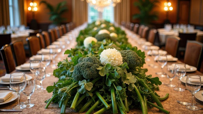 Elegant Dinner Table with Green and White Floral Vegetable Arrangements ...