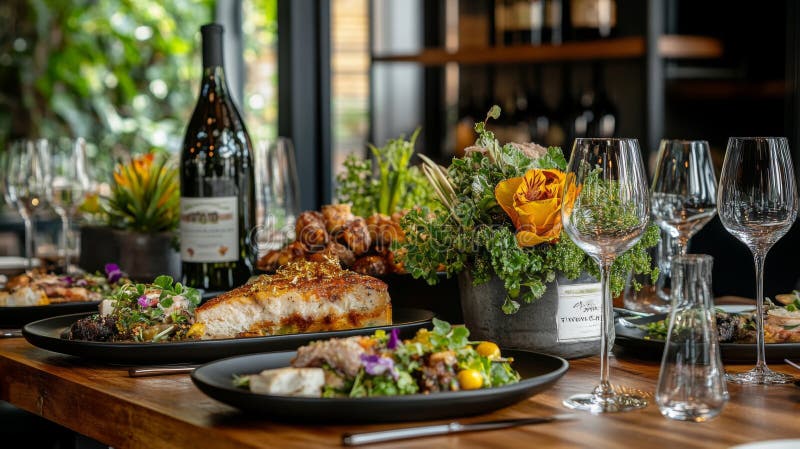 Elegant Dinner Table Setting Featuring Grilled Fish and Salad Stock ...