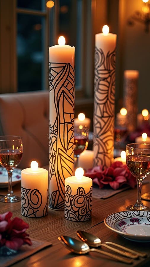 Elegant Dinner Table Setting with Patterned Candles and Wine Glasses ...