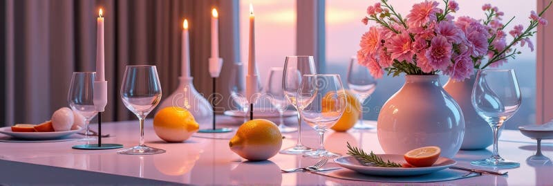 Elegant Dinner Table Setup with Candles and Pink Flowers at Sunset ...