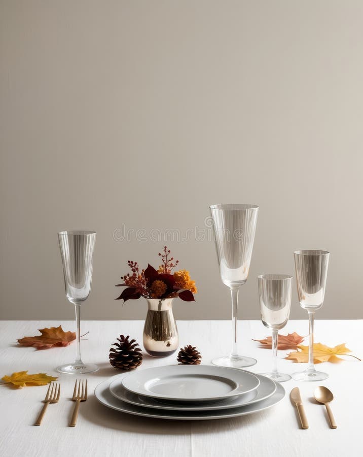 Elegant Dinner Table Setup with Glassware and Autumn Decorations Stock ...