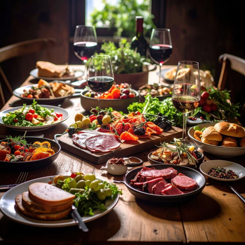 Elegant Dinner Table Setup with Variety of Gourmet Dishes and Red Wine ...