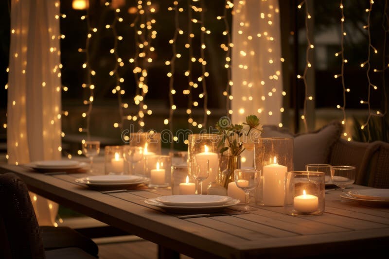 Elegant Dinner Table with Twinkle Lights Stock Illustration ...