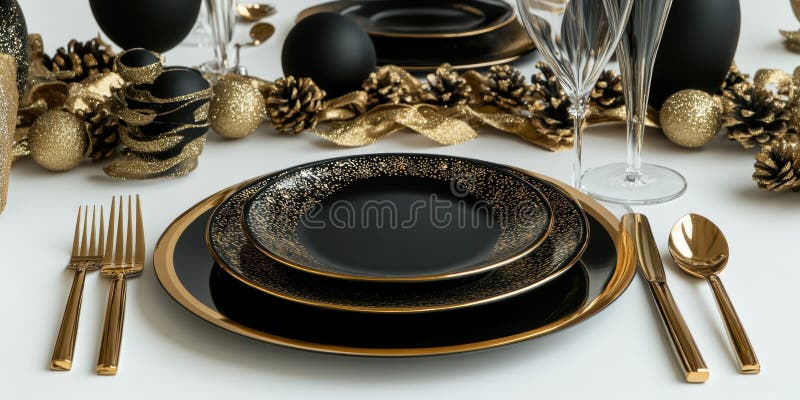 Elegant Dinnerware Set with Gold Accents Stock Photo - Image of dinner ...