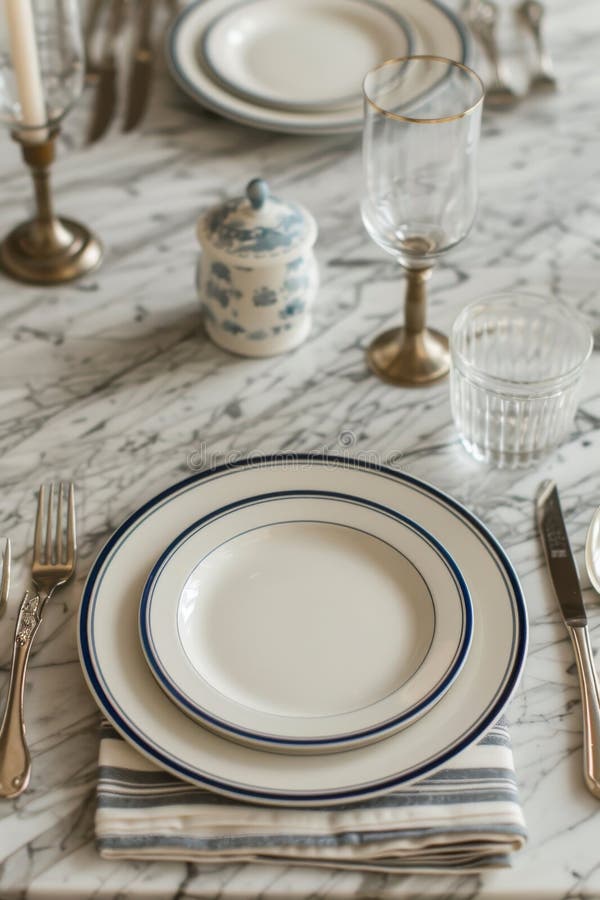 Elegant Dinnerware Set on Marble Surface with Vintage Cutlery Stock ...