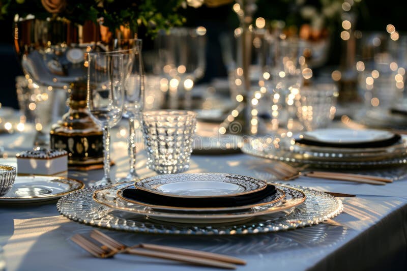 Elegant Dinnerware Sparkling on Table Setting for a Celebration Stock ...