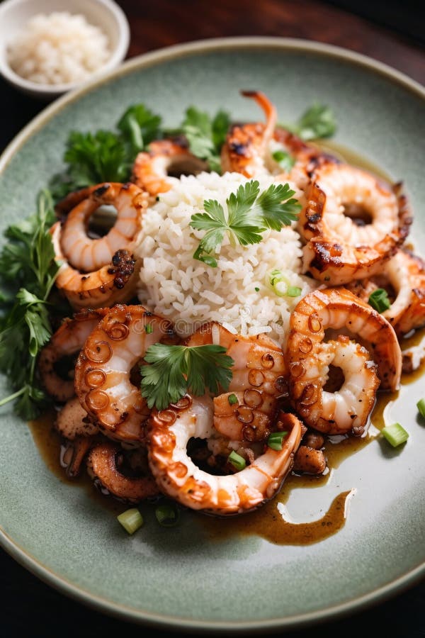 Elegant Dish of Seafood - Grilled Shrimp or Octopus with Rice. Stock ...