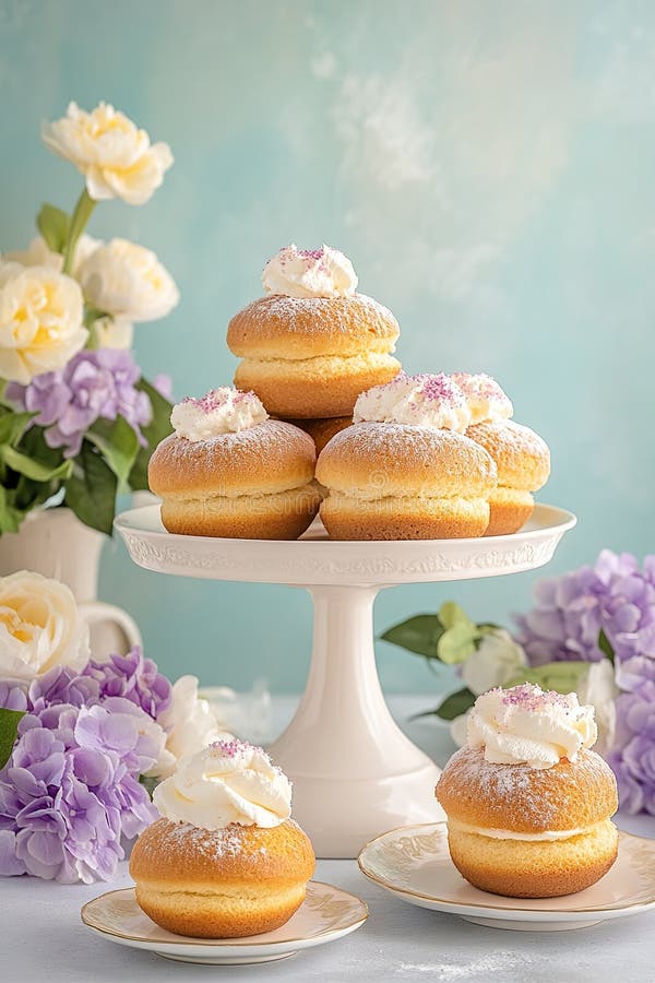 Elegant Display of Cream Filled Pastries with Floral Background Stock ...