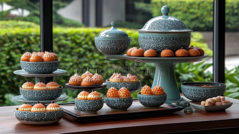 Elegant Display of Cream Puff Pastries on Blue and White Dishes Stock ...