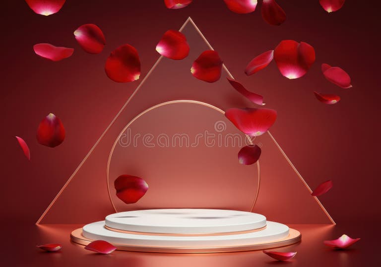 Elegant Display with Floating Red Rose Petals in a Modern Geometric ...
