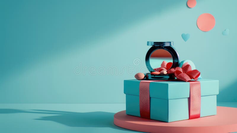 Elegant Display of Makeup Cosmetics and a Gift Box on a Light Blue ...
