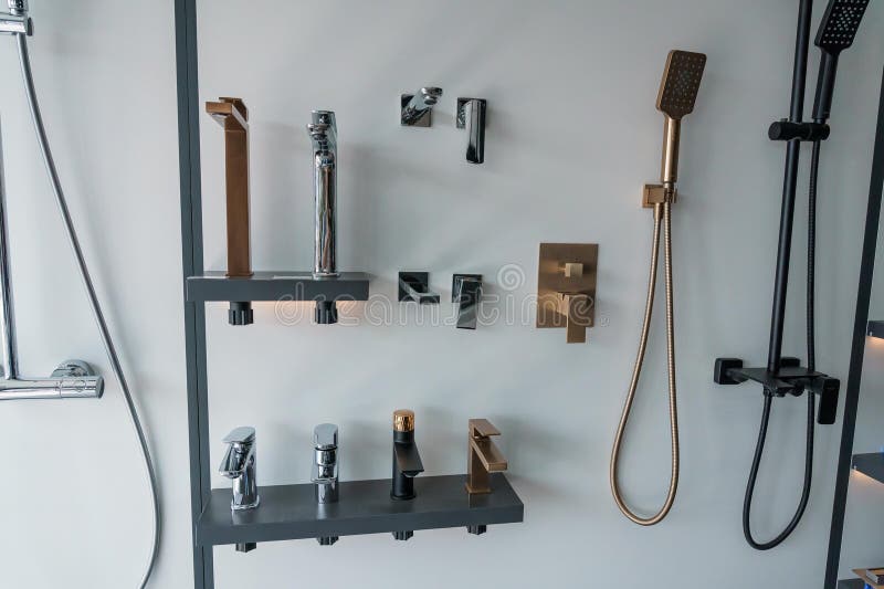 Elegant Display of Modern Bathroom Faucets and Accessories Stock Photo ...
