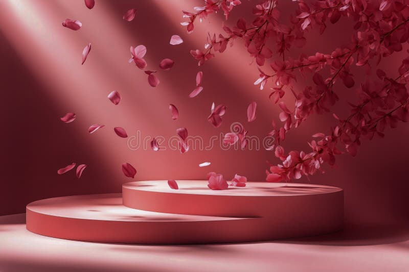Elegant Display of Pink Petals Falling on a Round Stage with Soft Light ...