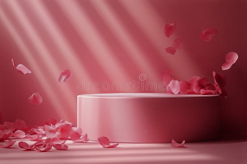 Elegant Display of Pink Petals Falling on a Round Stage with Soft Light ...