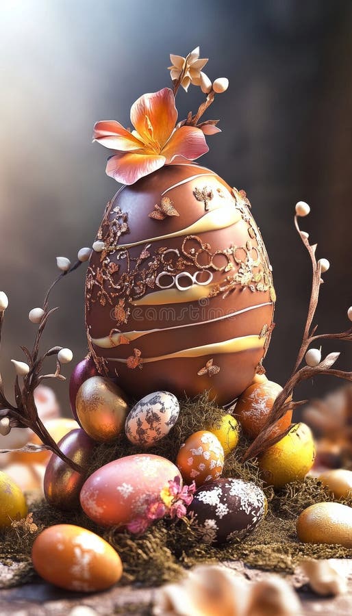 Elegant Display of a Realistic Chocolate Egg for Easter with Beautiful ...