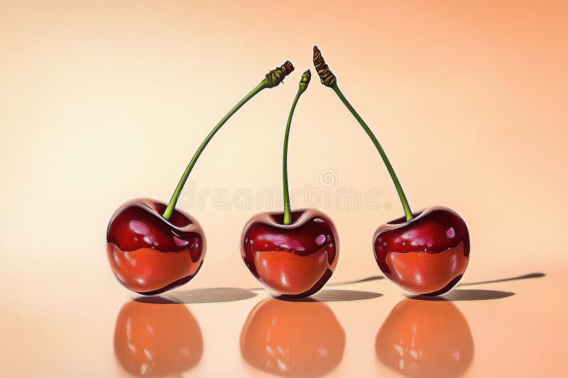 Elegant Display of Red Glass Cherries with Long Green Stems on a ...