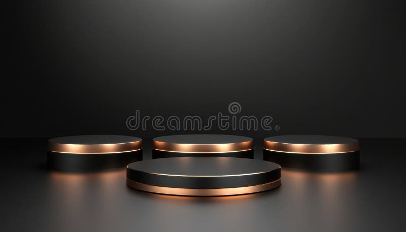 Elegant Display of Round Podiums with Sleek Black and Gold Accents in a ...
