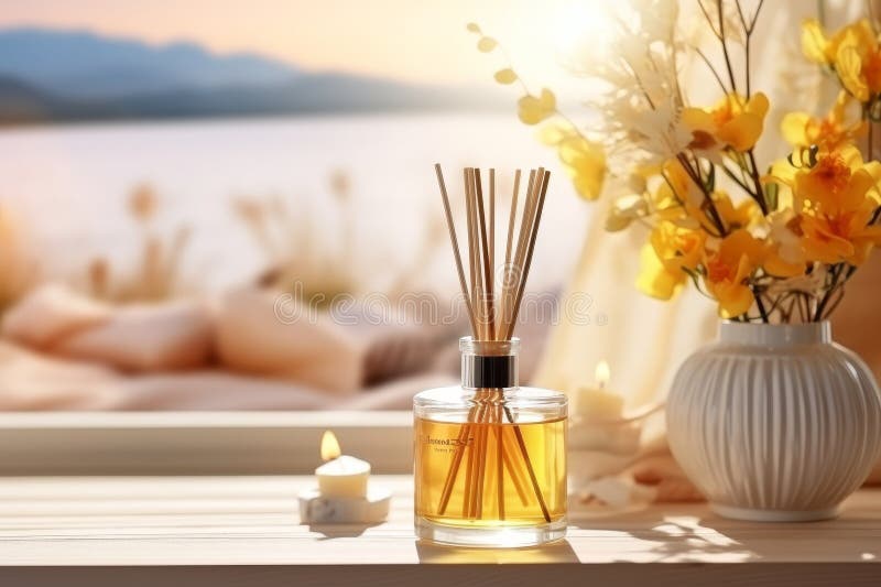 Elegant Display of Scented Reed Diffuser and Candle on Tabletop in a ...