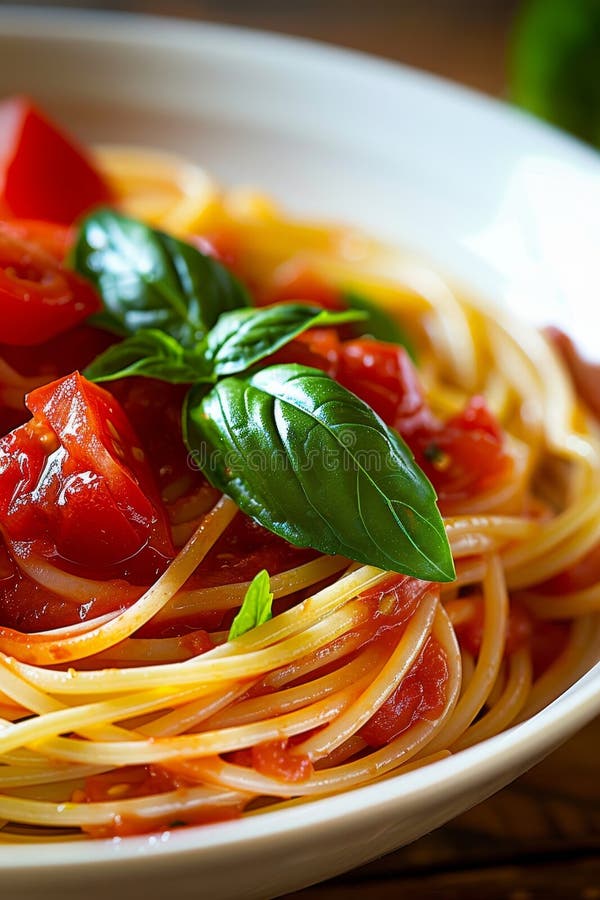 Elegant Display of Spaghetti with Fresh Tomatoes and Basil on a Stylish ...