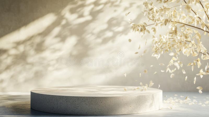 Elegant Display Stage with Softly Falling Petals and Natural Light in a ...