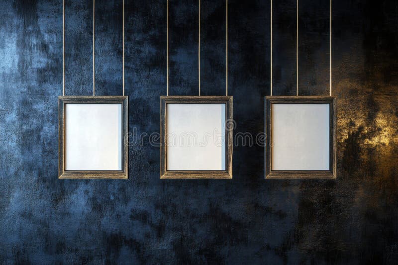Elegant Display of Three Modern Poster Frames Suspended on a Deep ...