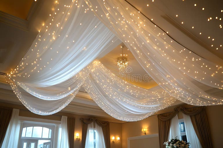 Elegant Draped Ceiling with String Lights in Luxurious Wedding Venue ...