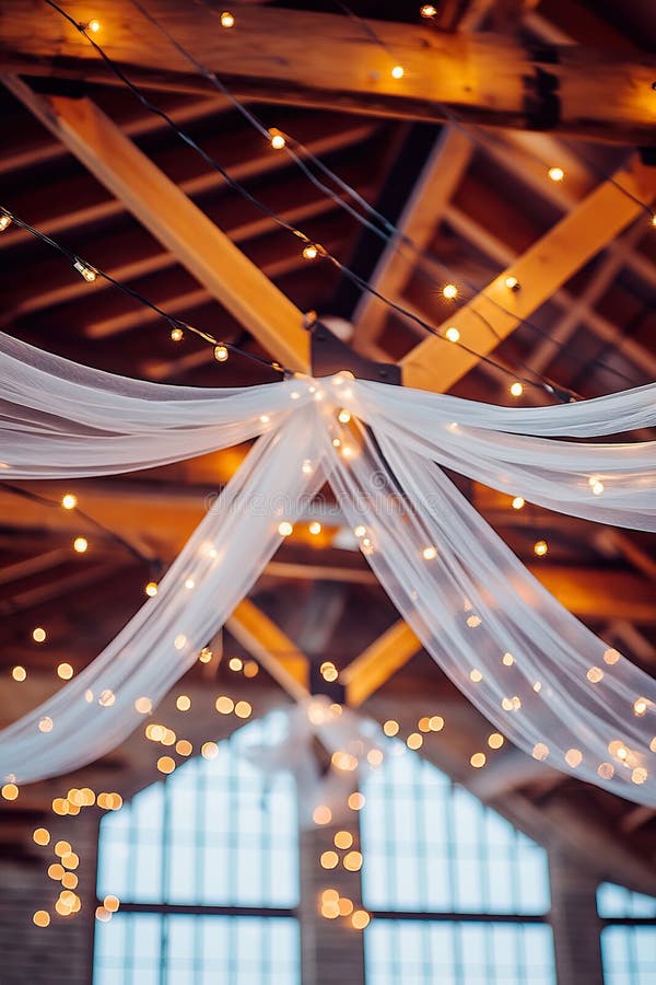Elegant Draped Ceiling with Warm String Lights in Rustic Venue Stock ...