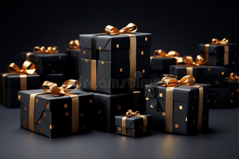 Elegant 3Drendering Black Gift Boxes, Golden Bows on Dark Stock ...