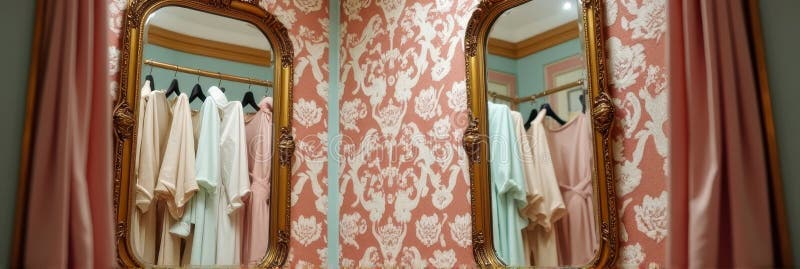Elegant Dressing Room with Ornate Mirrors and Pastel Clothing Display ...